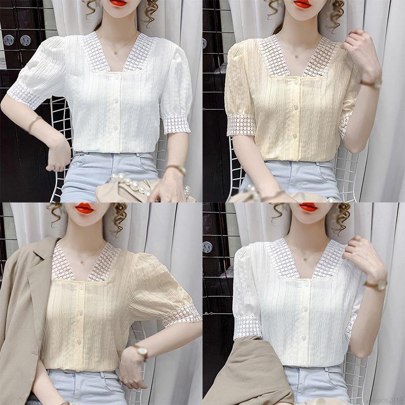 Temperament V-Neck Single-Breasted Lace Puff Sleeve Shirt Pleated Solid ...