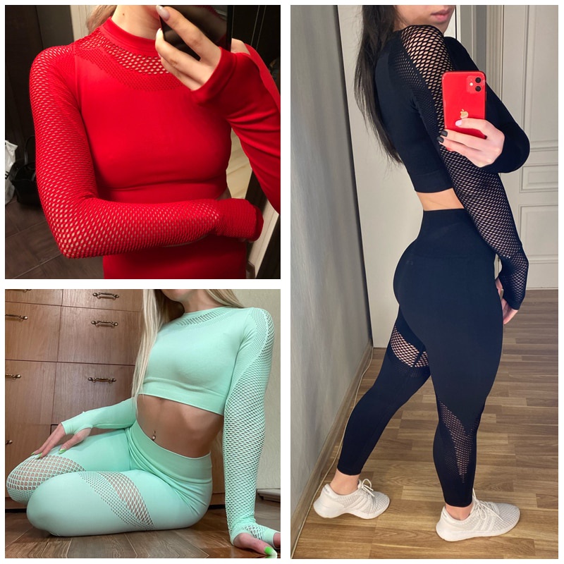 Seamless Yoga Set Sport Outfits Women 2pcs Two Piece Hollow Long Sleeve Crop top Leggings ...