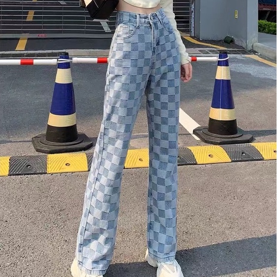 กางเกงยีนส์ ลายสก็อต E013 กางเกงขายาวเอวสูง เเฟชั่น ทรงกระบอก ใส่เเล้วดูสูง กางเกงขายาว ทรงสวย ...