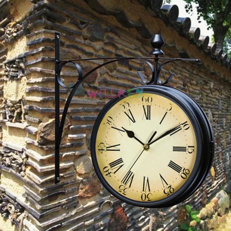 Outdoor Wall Clock Double Side Station Clocks Retro Outside Bracket ...