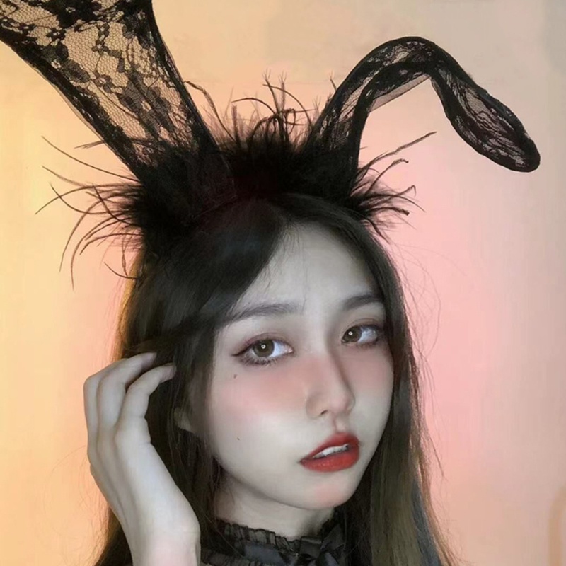 ℜ ℜ Black Lace Sexy Headbands Bunny Ears Hairband Feather Rabbit Ears
