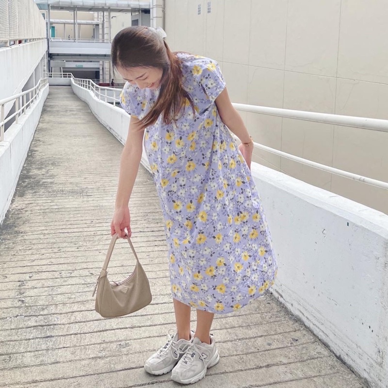 CHAWY พร้อมส่ง biscuit minimal dress C3327 เดรสยาวลายดอกม่วง เดรสม่วง ...