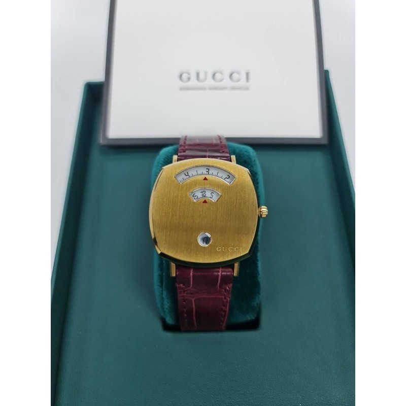 GUCCI GRIP 35MM GOLD PVD BROWN LEATHER STRAP WATCH YA157405 - yatagan ...