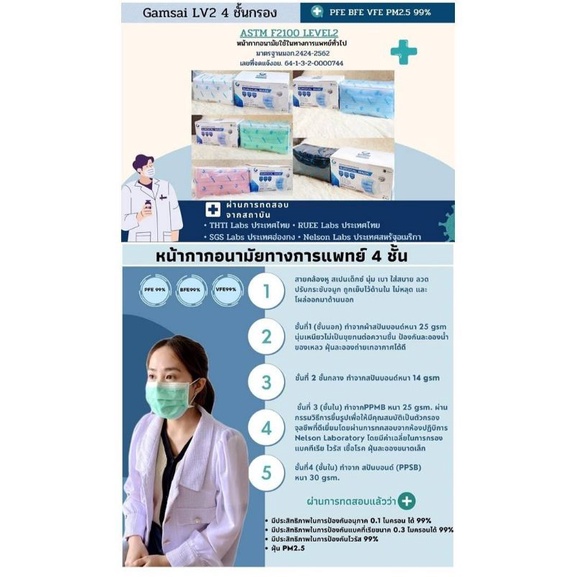 หน้ากากอนามัย 4 ชั้น สำหรับผู้ใหญ่ แบรนด์ GAMSAI level 2 - melins01 ...