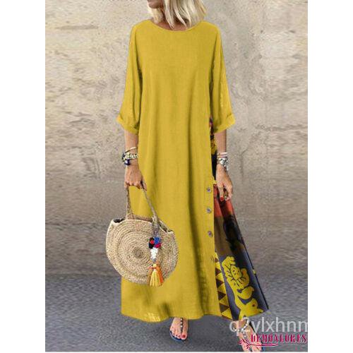 DEM☞Women´s Boho Floral Long Sleeve Retro Baggy Casual Cotton Linen ...