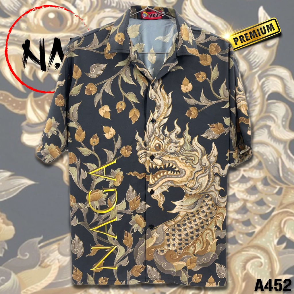 เสื้อฮาวายลายพญานาคดำทอง A452 ผ้าไหมอิตาลี - siamsatan - ThaiPick