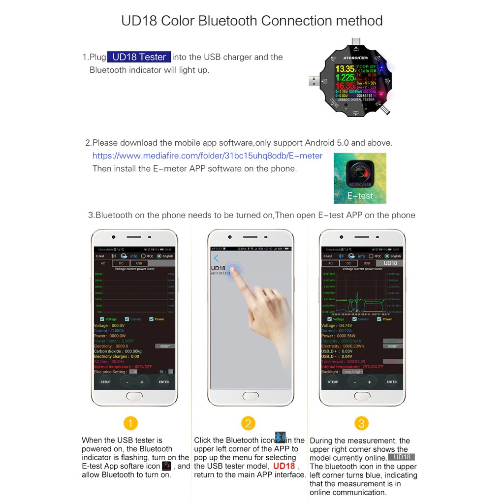 เครื่องวัดไฟ ATORCH UD18 USB 3.0 18in1 USB tester APP dc digital ...
