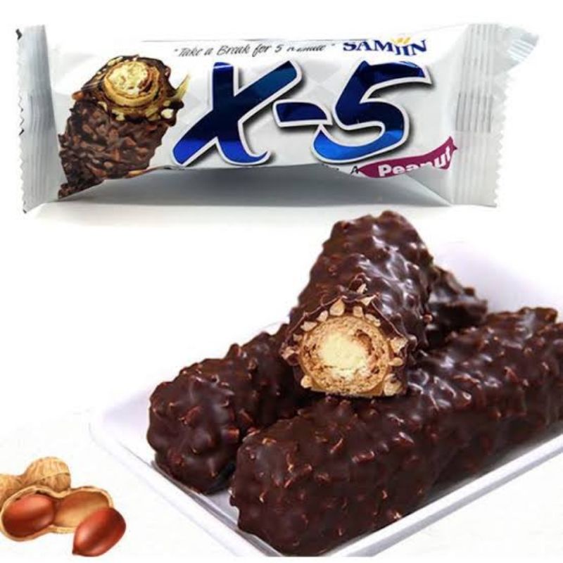 พร้อมส่ง ขนมเวเฟอร์เคลือบช็อกโกแลตสอดไส้ครีมและถั่ว Samjin X-5 Peanut Cruch Bar เวเฟอร์เกาหลี ...