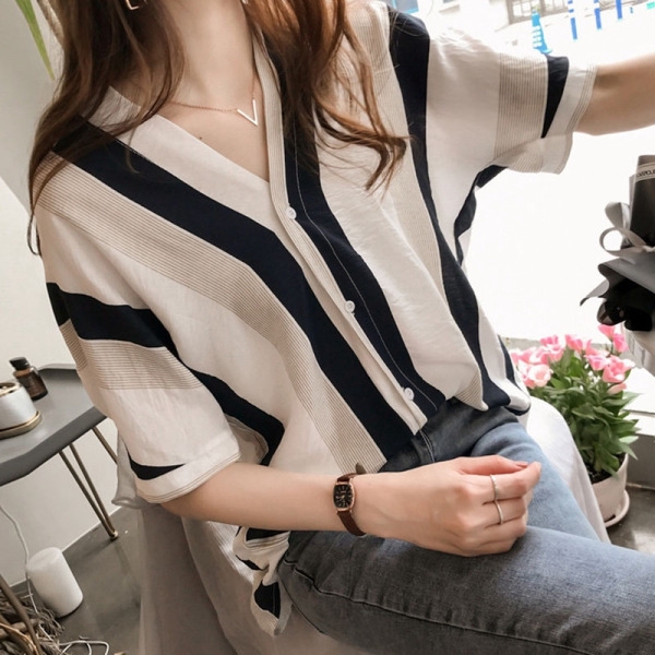 Women Long Sleeve Blouse V Neck Baggy Loose Cotton Plus Size Plain ...