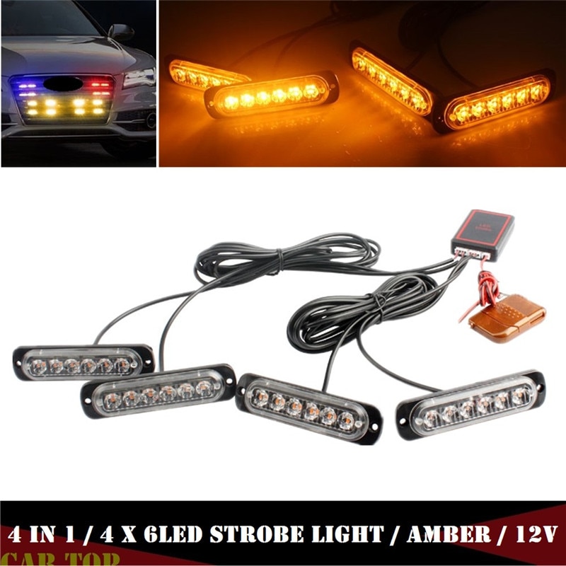 12V-24V Amber 4LED 12W Car Truck Strobe Flash Emergency Warning Bar ...
