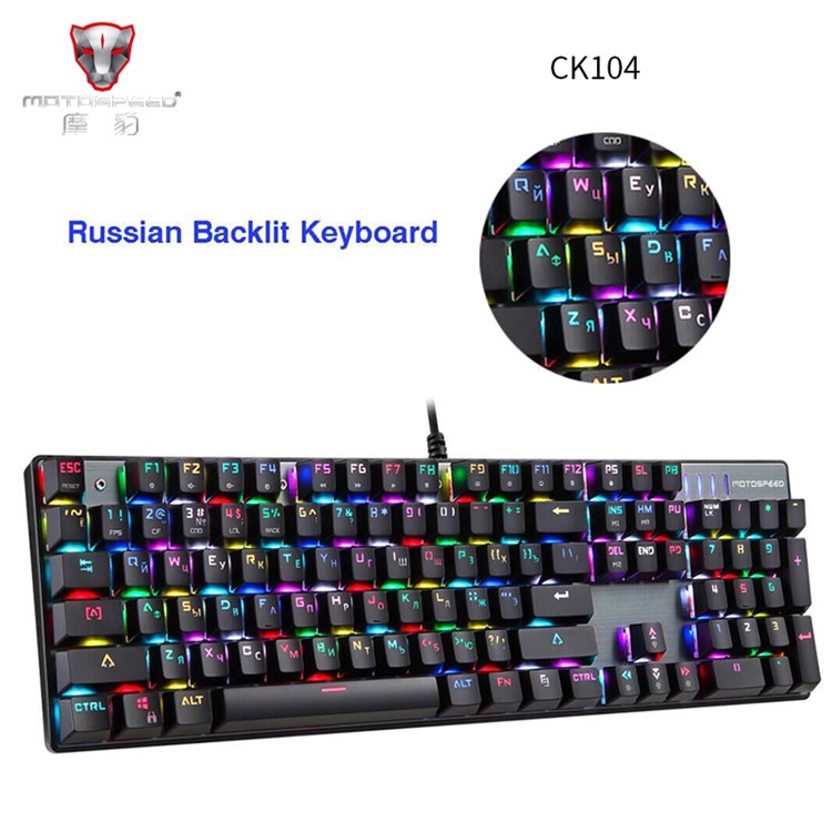 แป้นพิมพ์：Motoseed CK104 Gaming Mechanical Keyboard Russian English Red Switch Blue Metal Wired ...