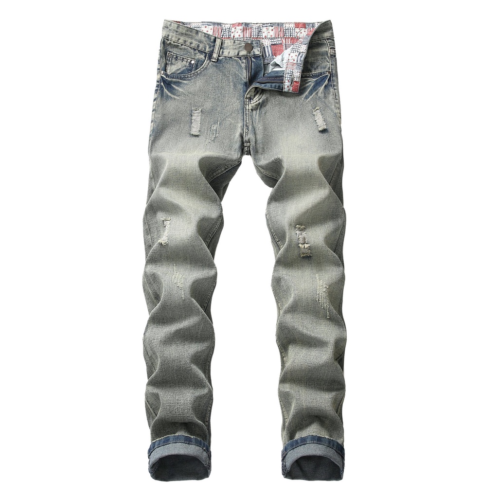 Mens broken hole nostalgic Jeans Straight Tube slim fitting mens jeans ...