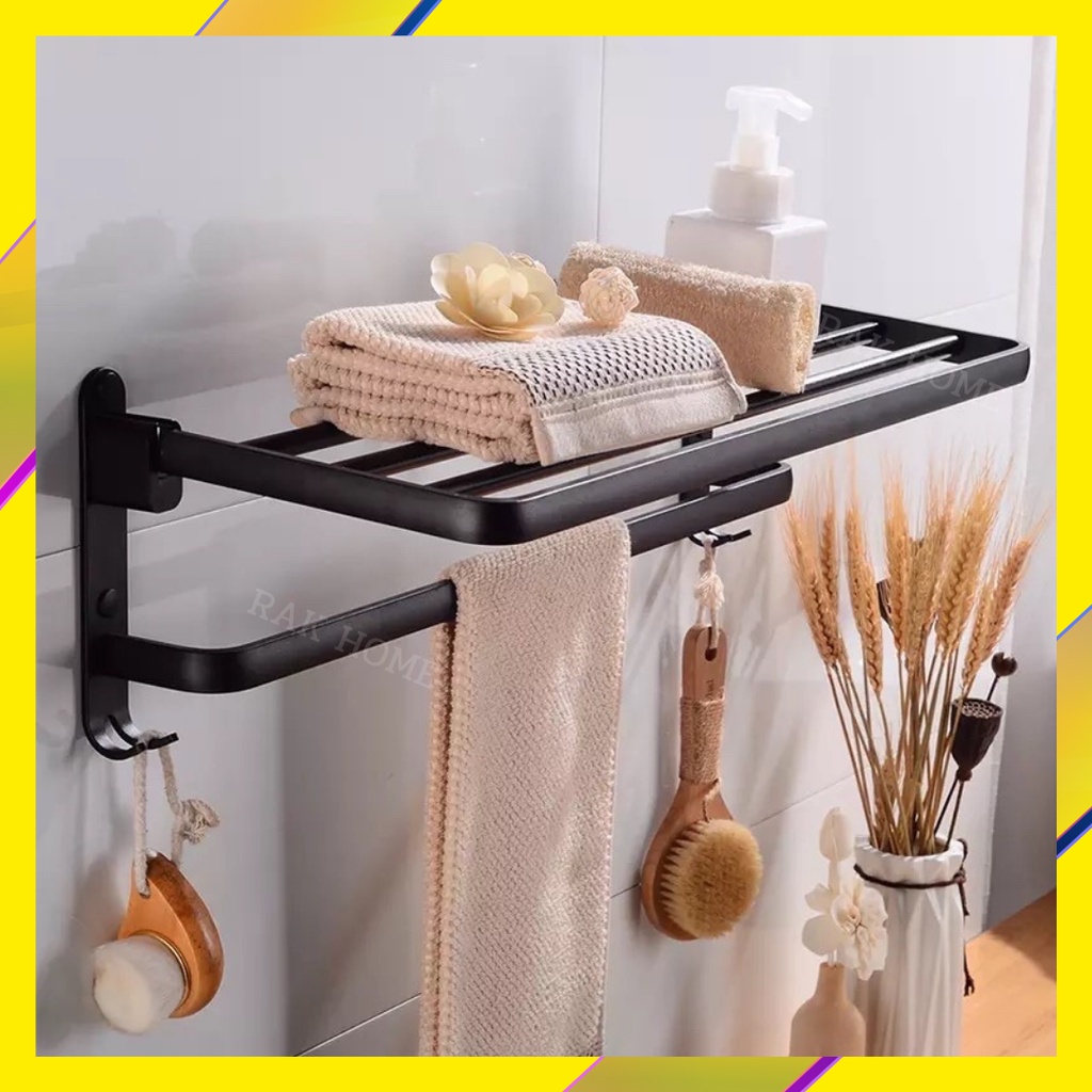 RAK HOME ราวแขวนผ้าขนหนู ราววางผ้าขนหนู ราวแขวนผ้าขนหนูมีชั้นวางของ ยาว 59 cm. อลูมิเนียมสีดำ ...