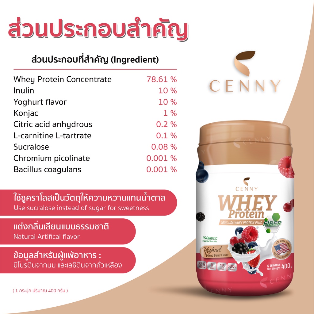 Cenny 100% USA Whey Protein Plus Fiber 400g เซนนี่ เวย์โปรตีนพลัสไฟ ...