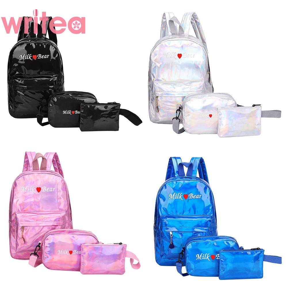 (wr) 3pcs/Set Street Unisex Laser Leather Backpacks Shoulder Schoolbags ...