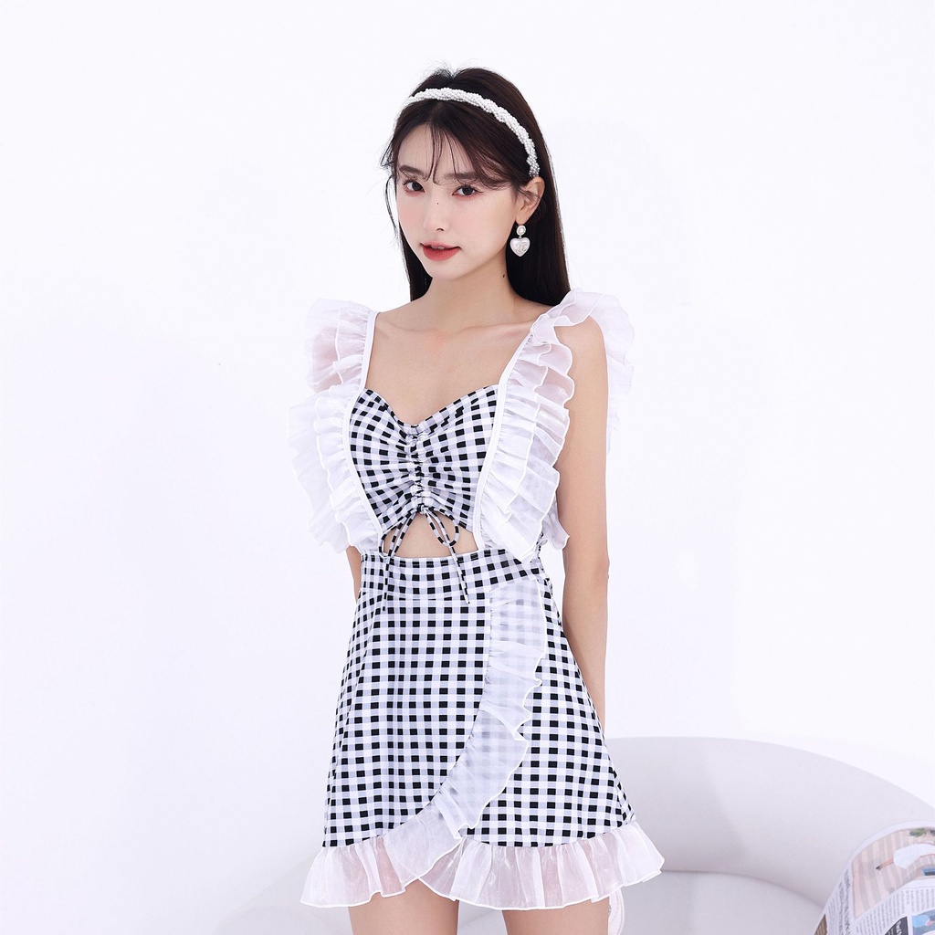 BBB Womens Swimsuit One-piece Belly-covering Retro Grid Swimwear ...