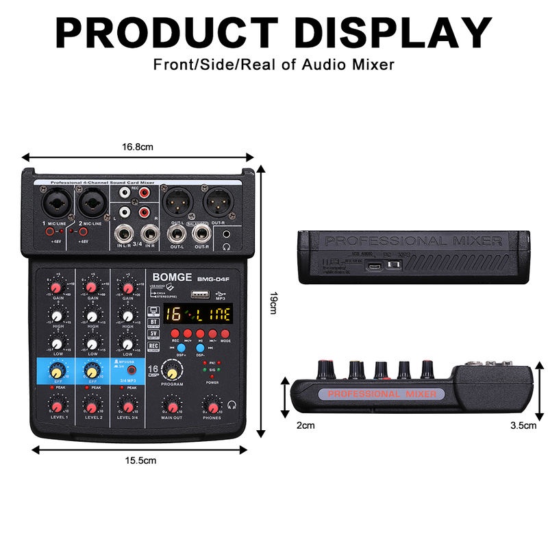 BOMGE-04F 4 channel dj audio sound mixer with MP3/USB Bluetooth, /stereo record/48V /16 DSP Echo ...