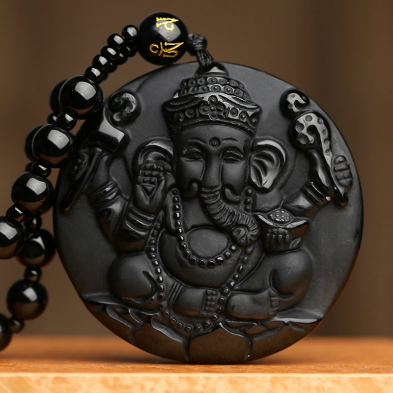 Obsidian Ganesha India Elephant HINDU Lucky Charms Necklace Pendant ...
