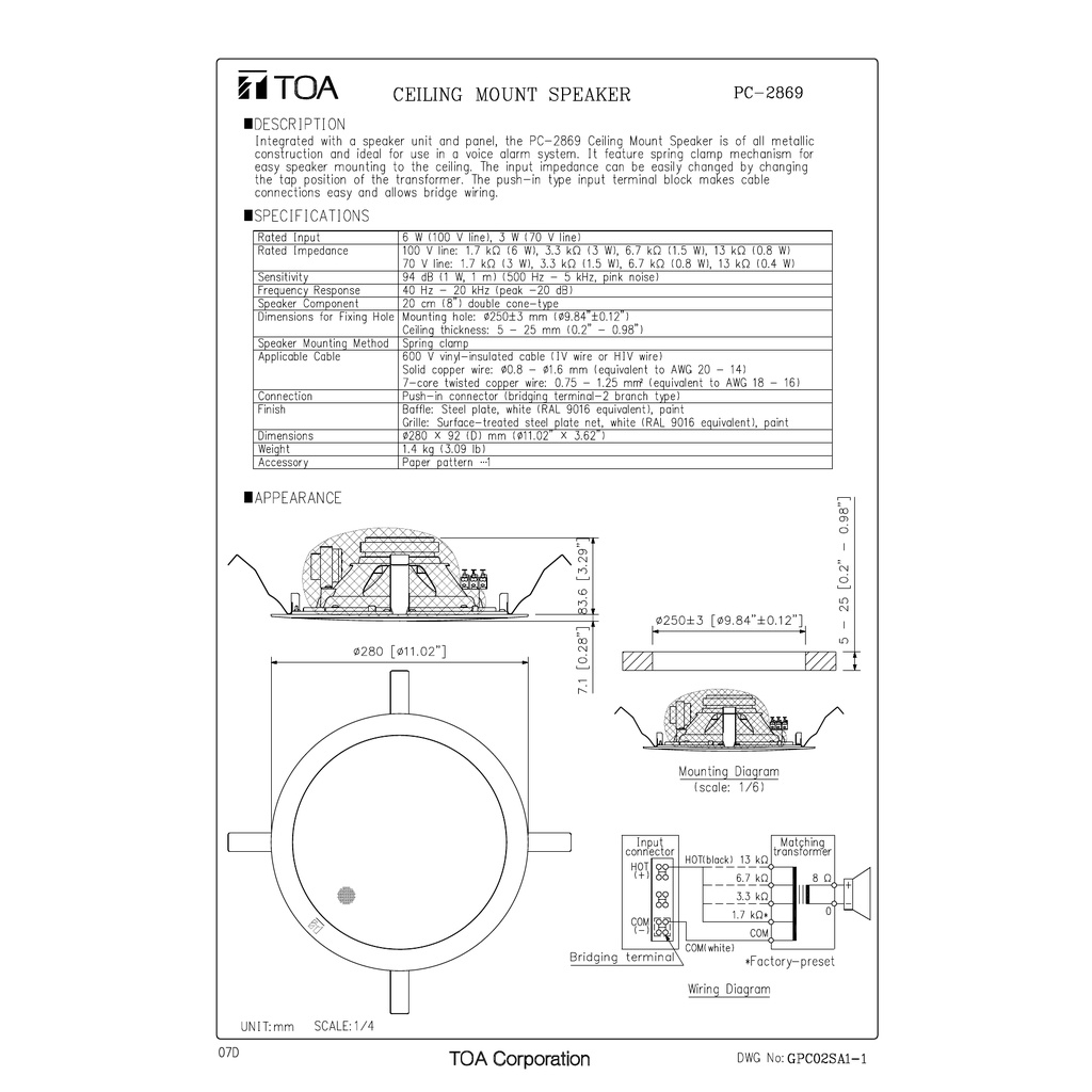 TOA PC-2869 ลำโพงติดเพดาน Ceiling Mount Speaker 6W - audiocity.th ...