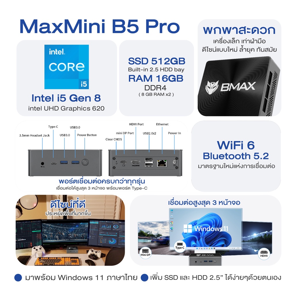 NEW 2022 BMAX B5 Pro Mini PC มินิพีซี Windows 11 CPU Intel Core i5 8260U Intel UHD Graphics 620 ...