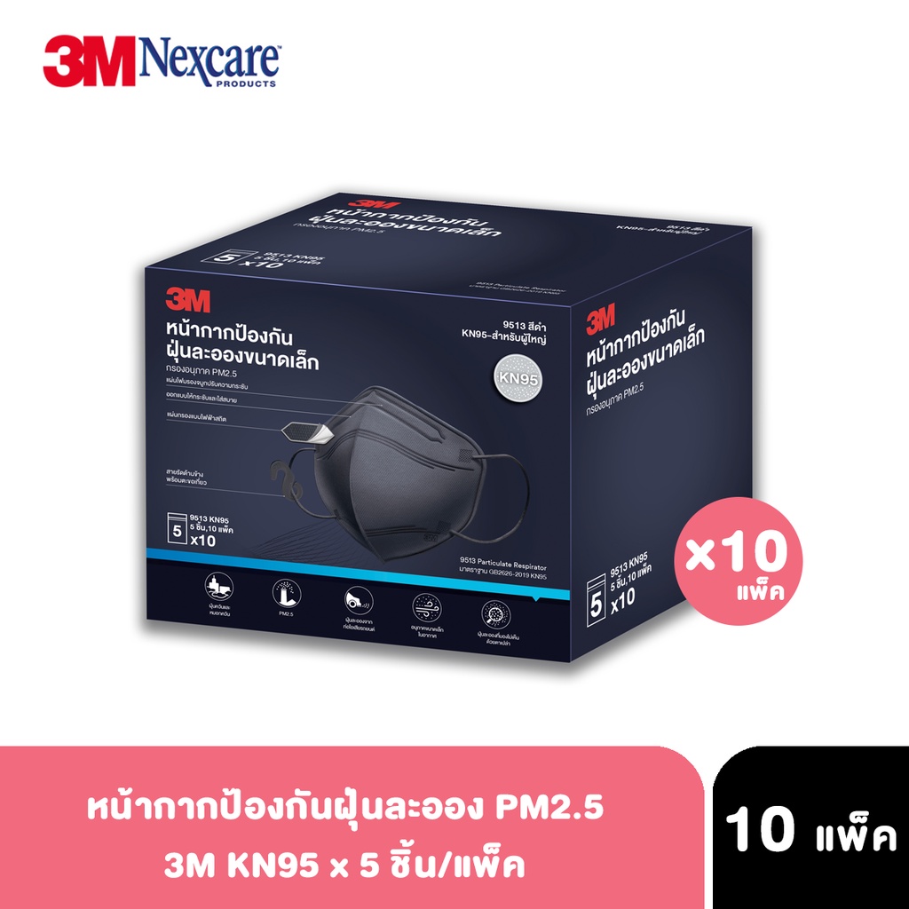 3M KN95 x 10 แพ็ค ทั้งหมด 50 ชิ้น (5 ชิ้นแพ็ค) หน้ากากป้องกันฝุ่นละอองขนาดเล็ก กรองอนุภาค PM2.5 ...