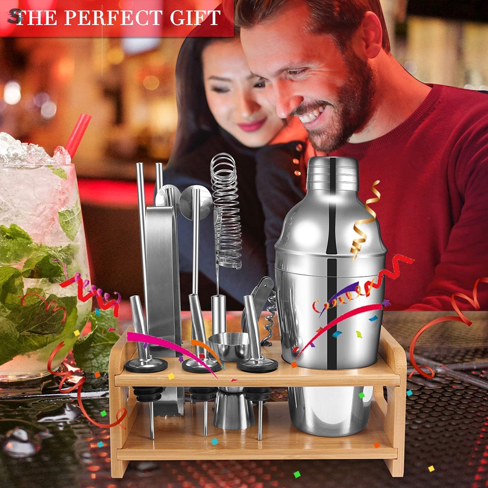 800Ml Stainless Cocktail Shaker Bartender Tools Set with Wooden Rack ...