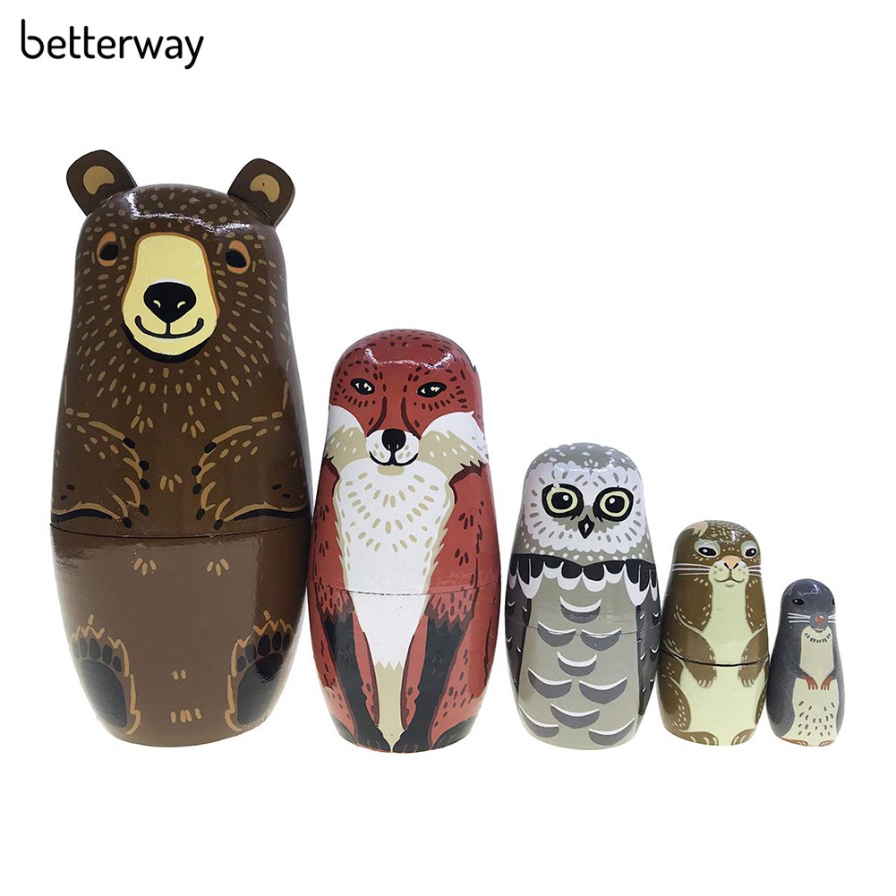 better 5Pcs/Set Cute Bear Fox Animal Wooden Russian Matryoshka Dolls ...