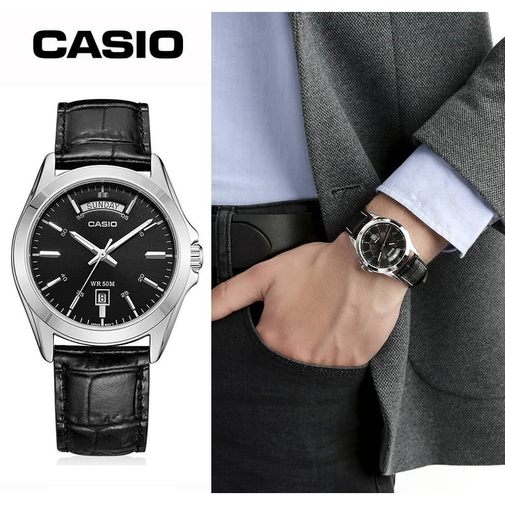 นาฬิกา Casio รุ่น MTP-1370L-1A นาฬิกาผู้ชายสายหนัง สีดำ หน้าปัดดำ ...
