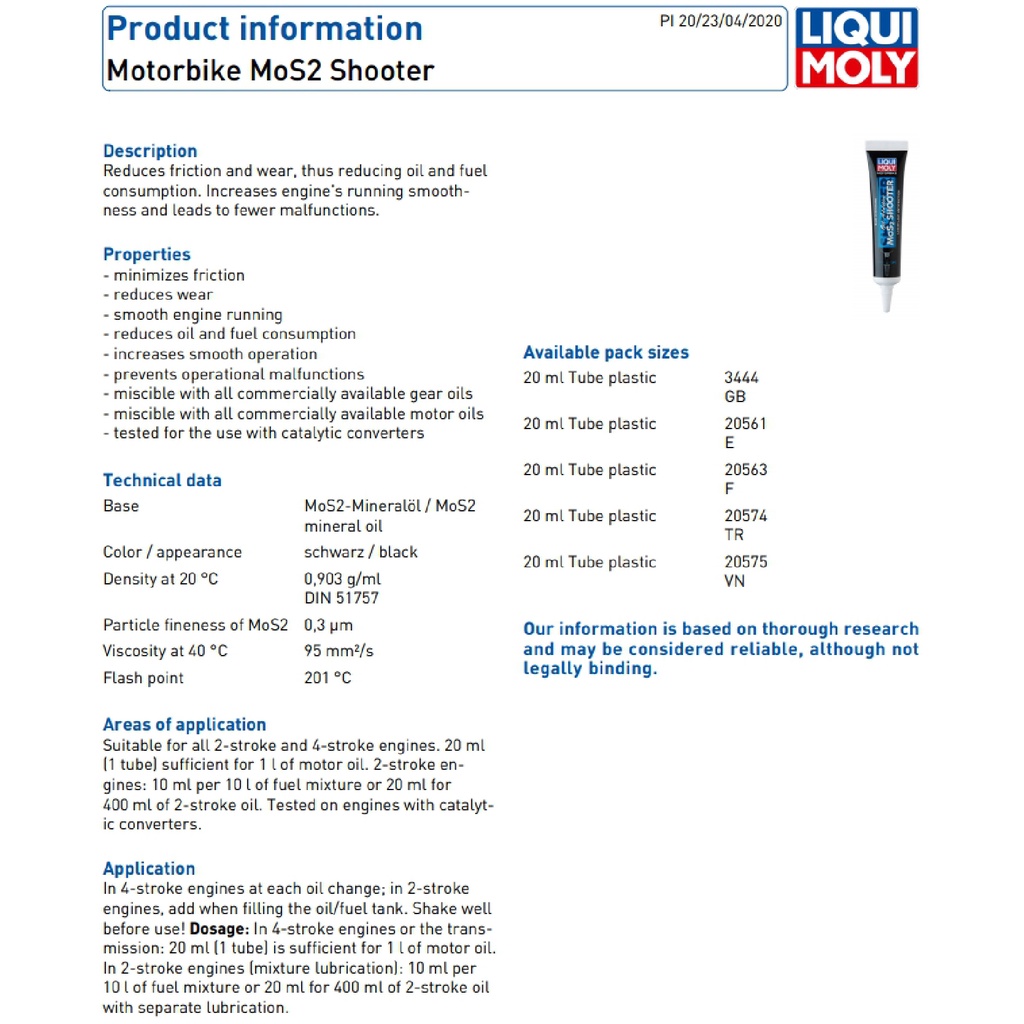 น้ำยาเคลือบเครื่องยนต์มอเตอร์ไซค์ LIQUI MOLY MOTORBIKE OIL MOS2 SHOOTER 20 ML ลดการสึกหรอ ยืด ...