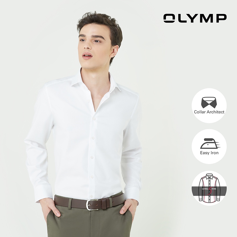 Olymp เสื้อเชิ้ตผู้ชาย แขนยาว ทรงพอดีตัว รีดง่าย ปกซ้อน ผ้าเรียบสีขาว