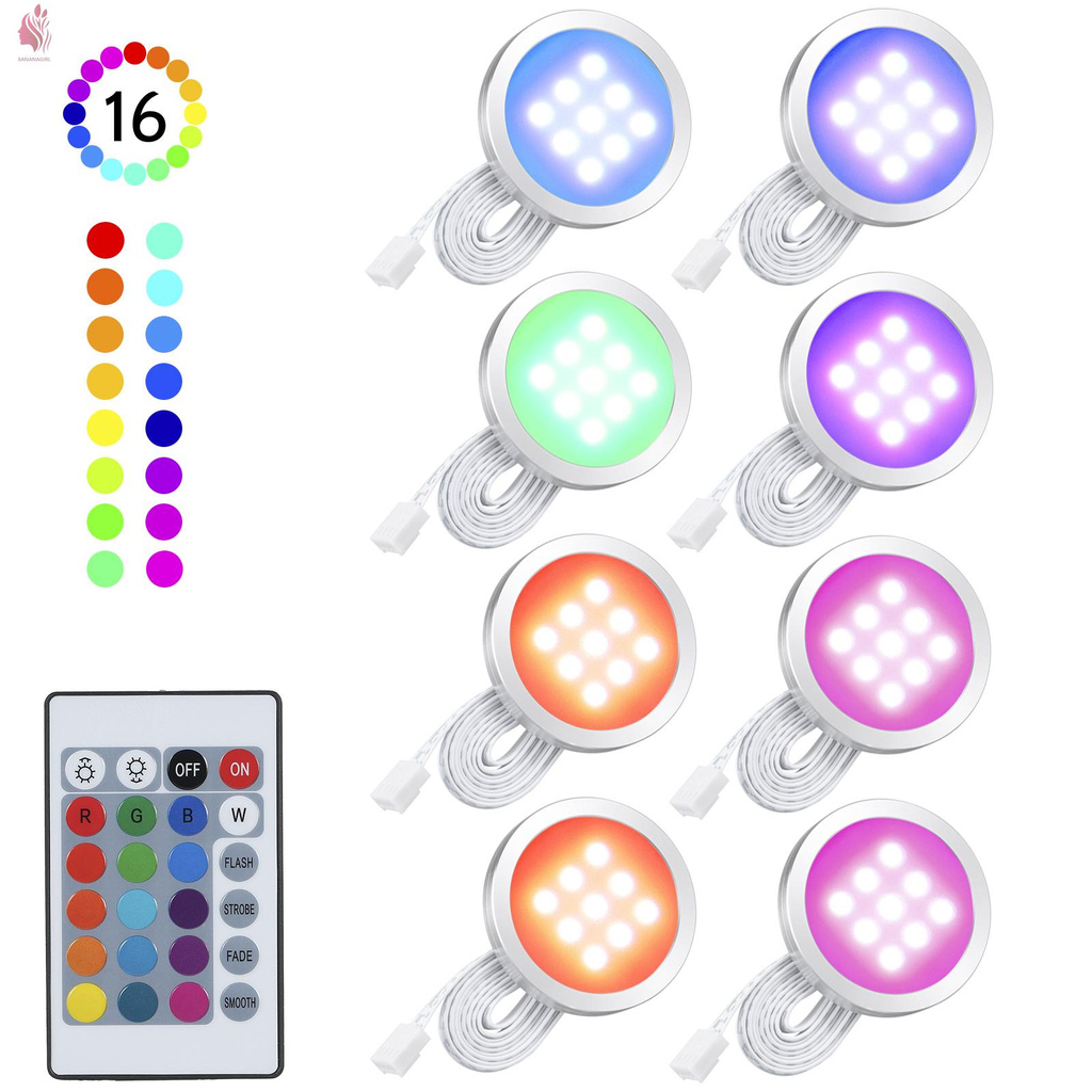 8PCS Slim Round Shape RGB LEDs Under Cabinet Light Kit SMD5050 Puck ...