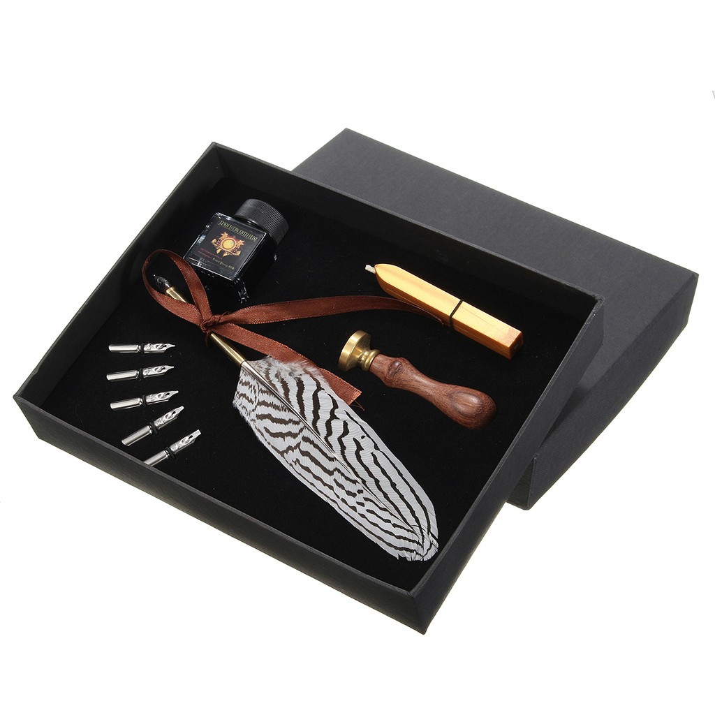 Antique Feather Writing Quill Pen Ink Seal Wax Set Collection ...
