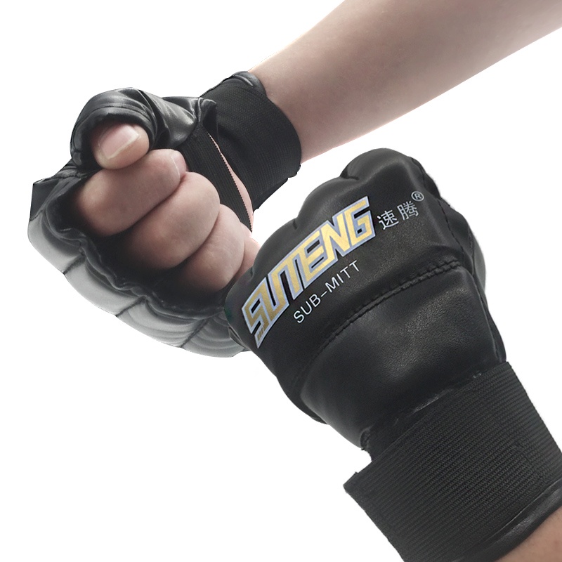 1 Pair PU Leather Boxing Gloves Sport Men Half Finger Muay Thai Gloves ...
