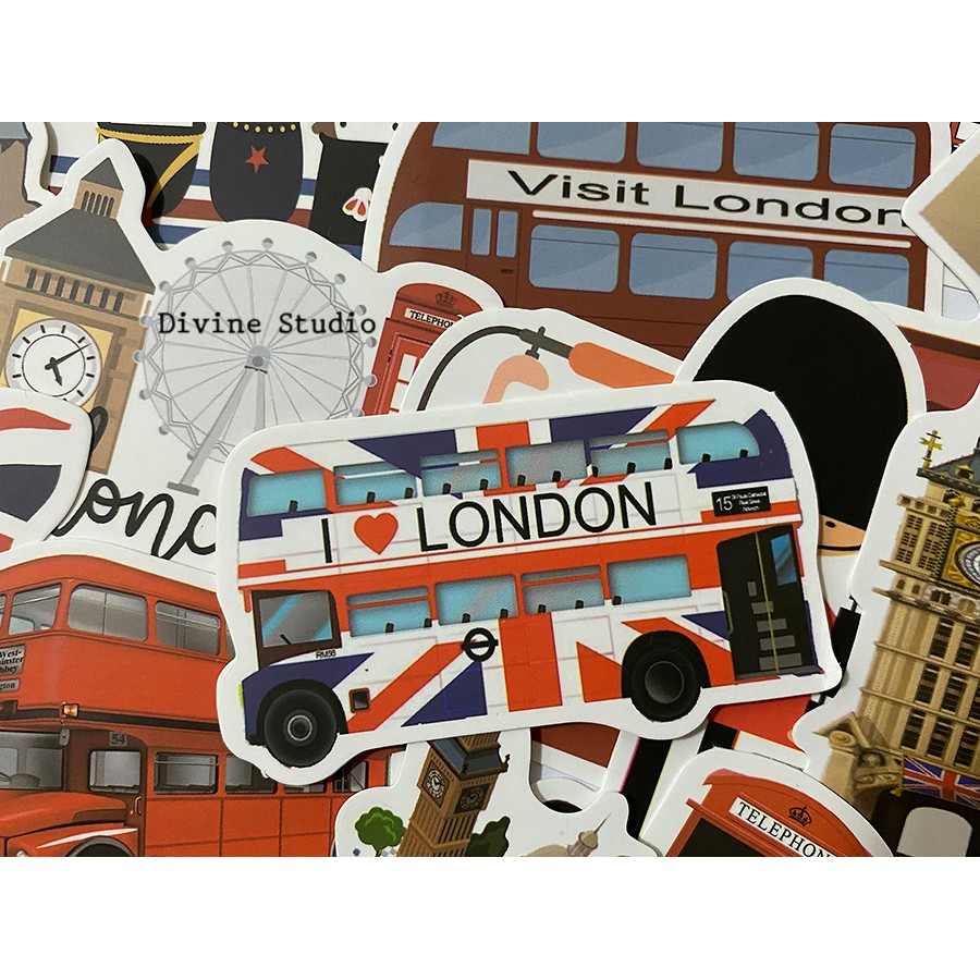 พร้อมส่ง สติ๊กเกอร์ 50 ชิ้น London Bus Sticker Set PVC กันน้ำ เคลือบ ...