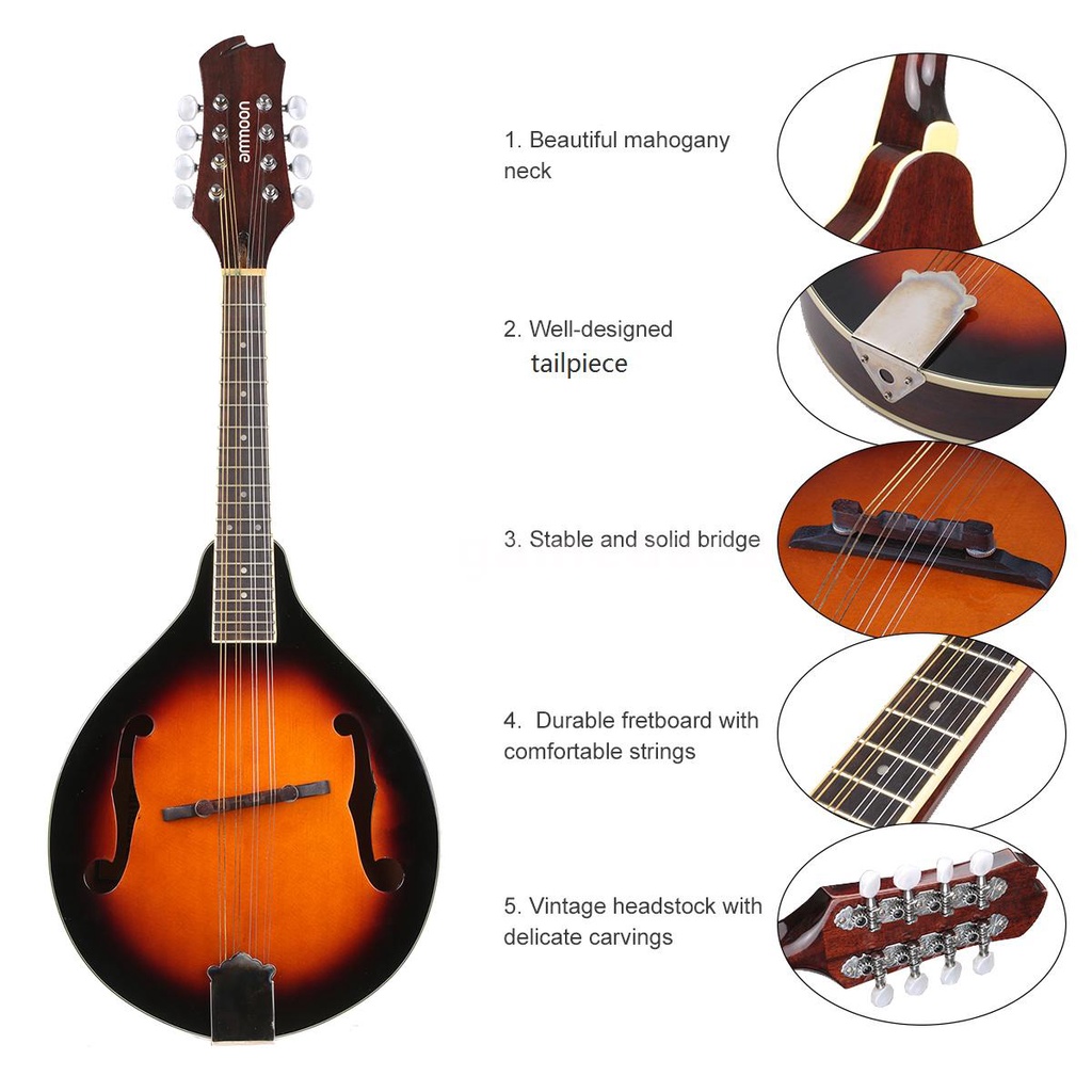 Gd Ammoon Mandolins A-Style 8-String เครื่องดนตรีแมนโดลินไม้พร้อม ...