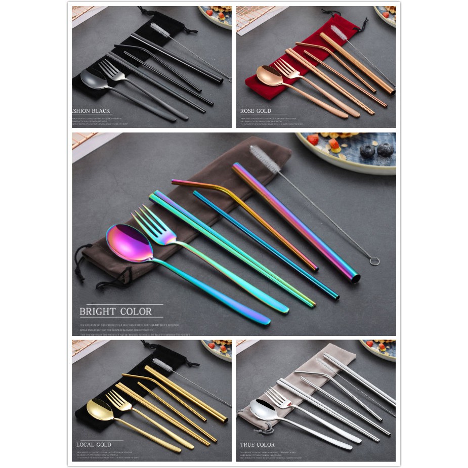 6pc Portable Tableware Set Multicolor Stainless Steel Cutlery Set（5 ...
