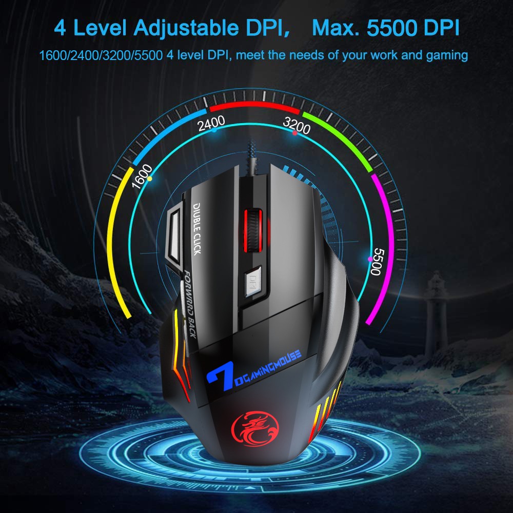 เมาส์เกมมิ่ง:Ergonomic Wired Gaming Mouse 7 Button LED 5500 DI USB Comuter Mouse Gamer Mice X7 ...