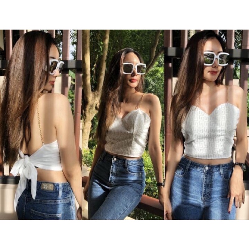 เสื้อ sexy สายเดี่ยว ผ้าลาย vsc กากเพชรเกรด พรีเมี่ยม สายโซ่ทอง ผูกโบว์หลัง เซ็กซี่ เห็นงานจริง ...