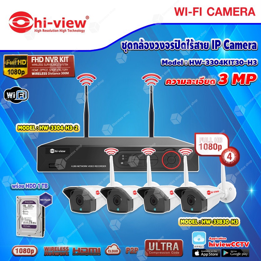 Hiview ชุดกล้องไร้สาย WIFI IP Camera 4 CH Full HD 2.0MP. รุ่น HW ...