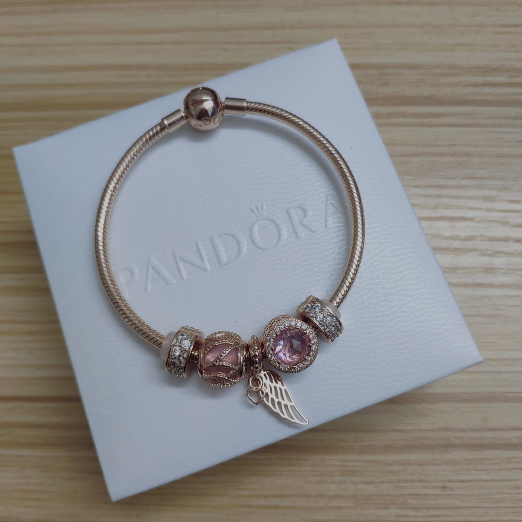 Pandora charms bracelet 925S Rose gold Moments Glazed Opal Angel Wing ...