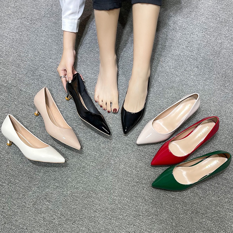 Women Small Kitten High Heels Shoes Brief Shiny Leather Pumps Low Heel ...