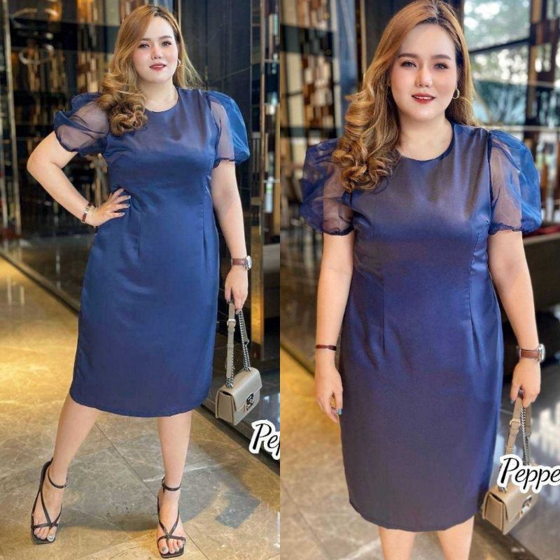 เดรสสาวอวบ ไซส์ 3XL-6XL เดรสเรียบหรู แขนผ้าแก้วพองๆน่ารัก ซับในทั้งชุด ใส่ได้หลายโอกาสนางแบบใส่ ...
