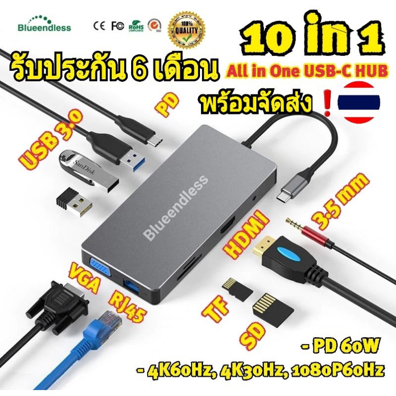 Blueendless 10 in 1 USB Type C HUB To HDMI VGA Multi Port HUB สำหรับ ...