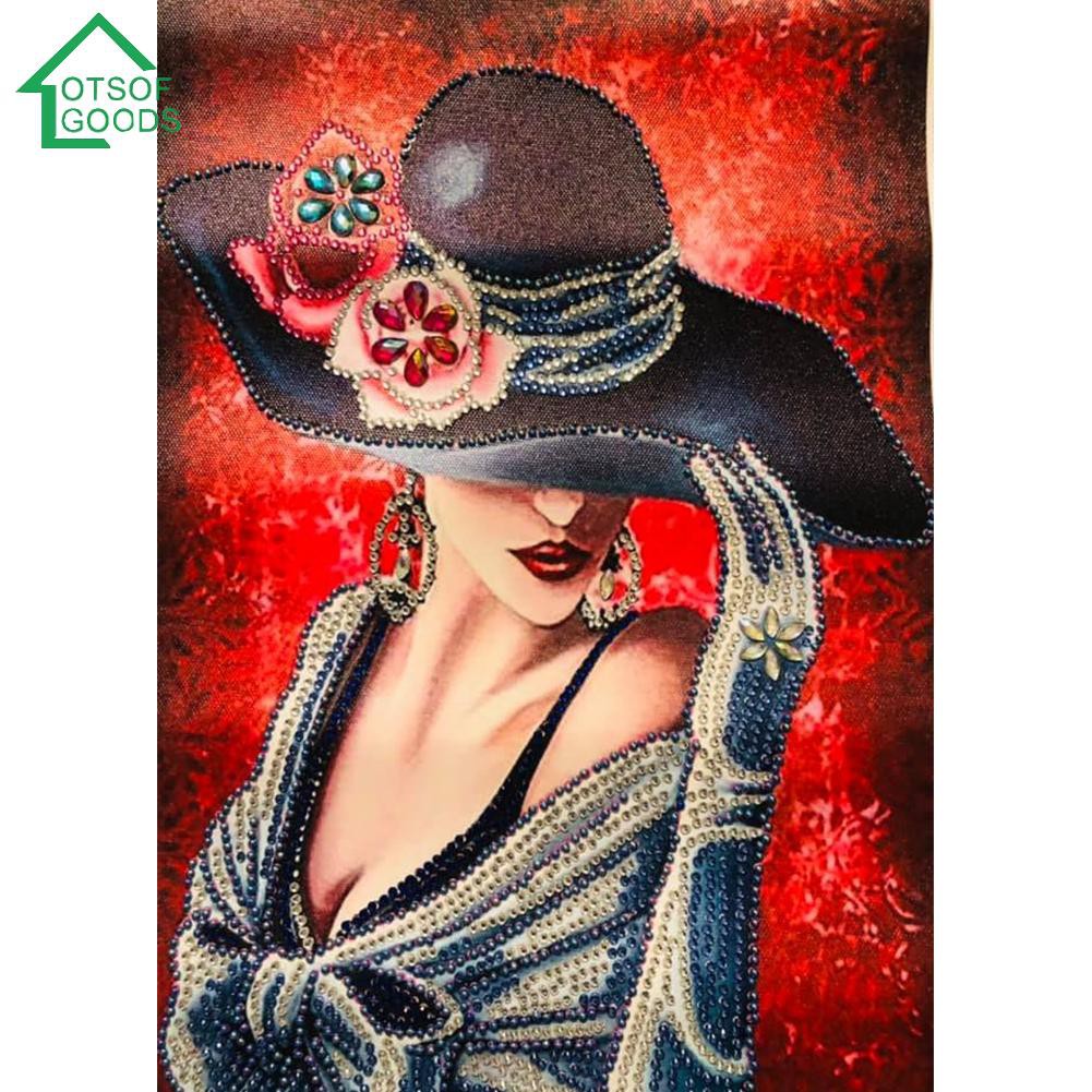[LOTSOFGOODS] 5D Woman Hat Figure Pattern Partial Drill Drawing Special ...