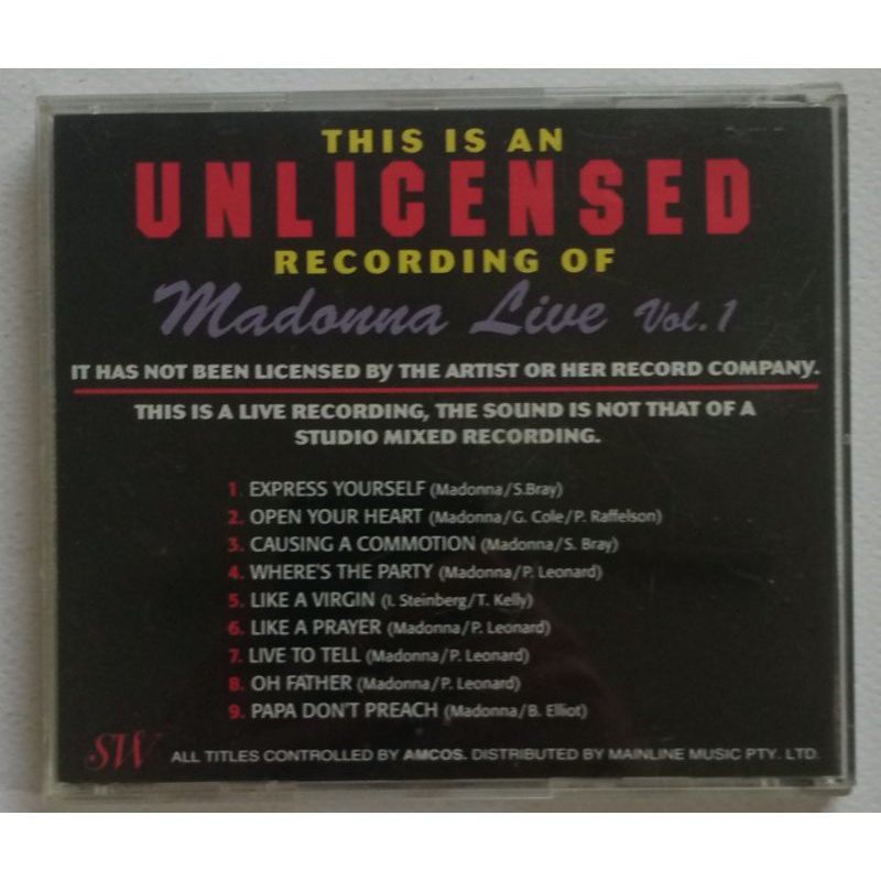 ซีดีเพลง MADONNA Unlicensed Vol.1 (LiveConcert) RARE CD Music ...