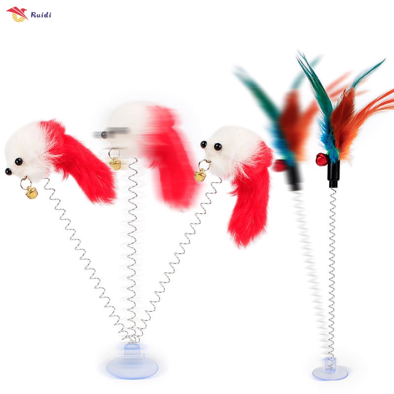 Cat Interactive Toy With Sucker Spring Feather Plush Mouse Funny Pet ...
