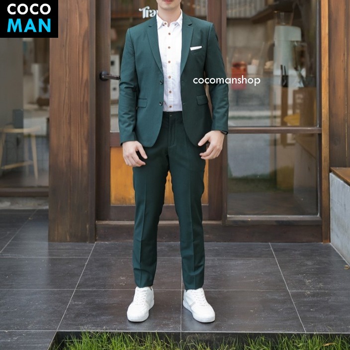 มีโค้ดลดเพิ่มCOCO-MAN ชุดสูทผู้ชาย สีเขียวเข้ม เสื้อสูท กระดุม 2 เม็ด ...