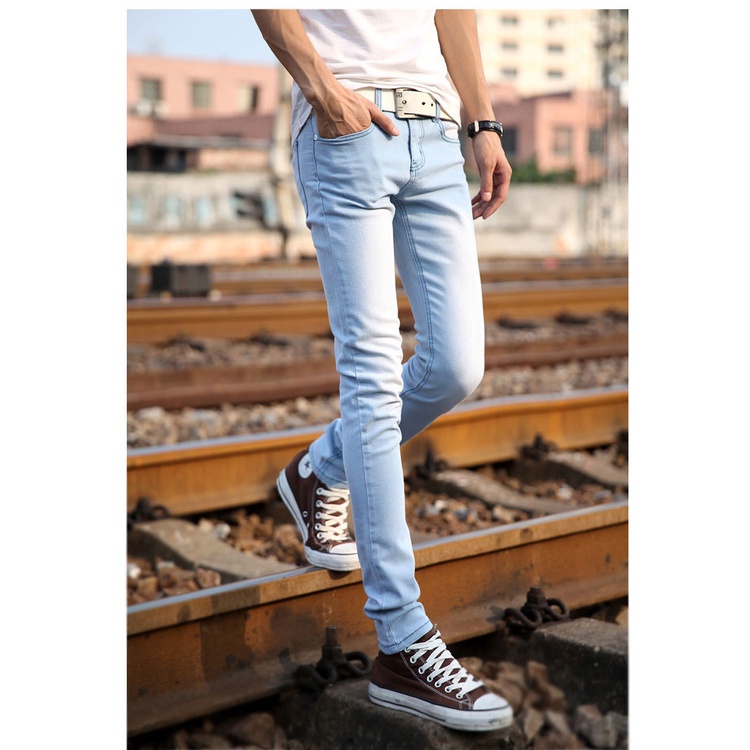 Seluar Jeans Warna Solid Lelaki Fesyen Biru Muda Lurus Kaki Denim ...