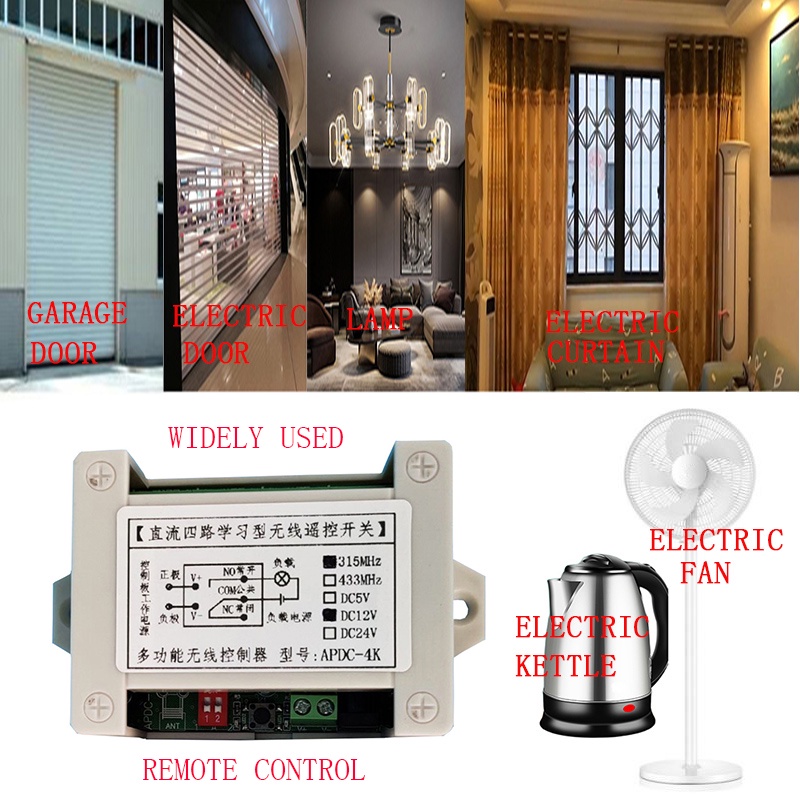 433Mhz DC12V 24V 4CH Wireless RF Remote Control Light Switch 10A Relay ...