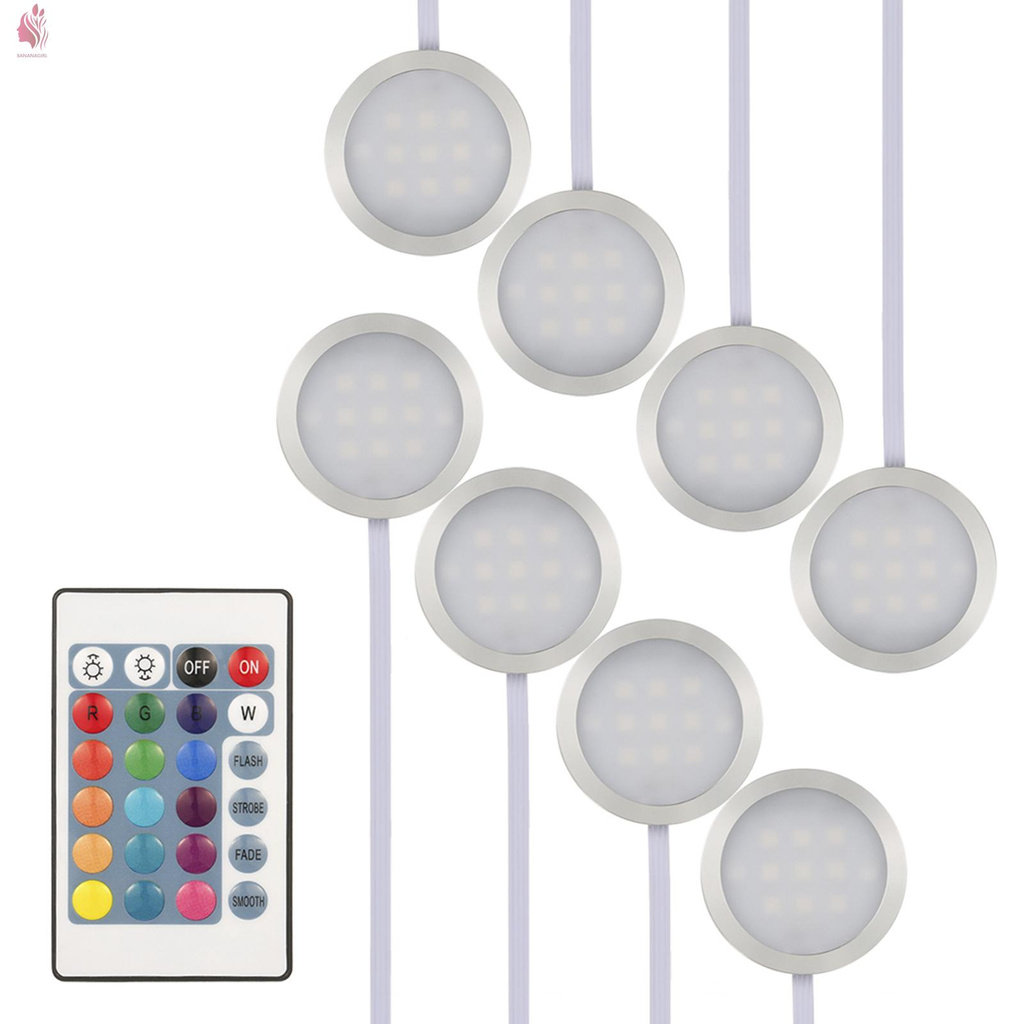 8PCS Slim Round Shape RGB LEDs Under Cabinet Light Kit SMD5050 Puck ...